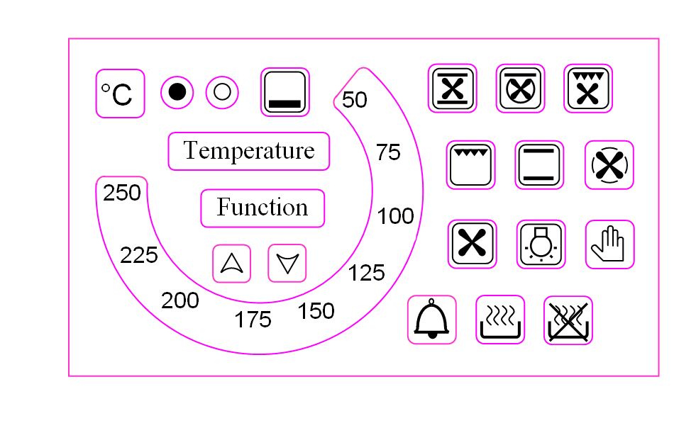 TEMPERATURE DIAL 50-250 WITH 18 OVEN SYMBOLS + "TEMPERATURE" AND "FUNC ...
